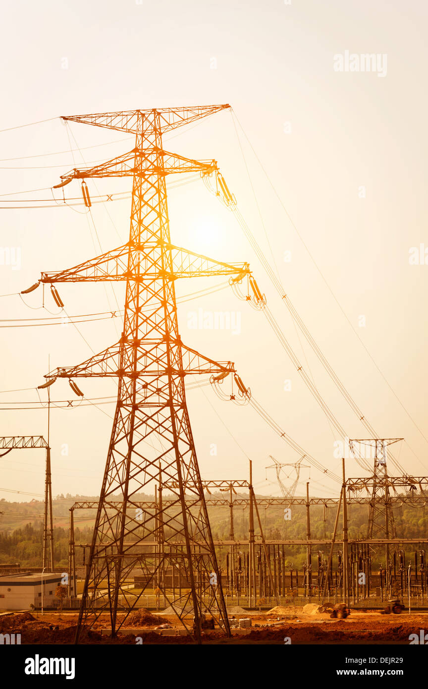 transmission power line on sunset Stock Photo - Alamy