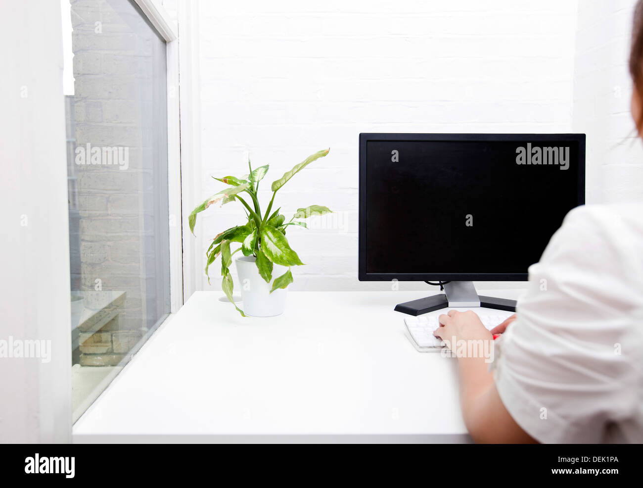 Rear view young businesswoman using computer desk Stock Photo - Alamy
