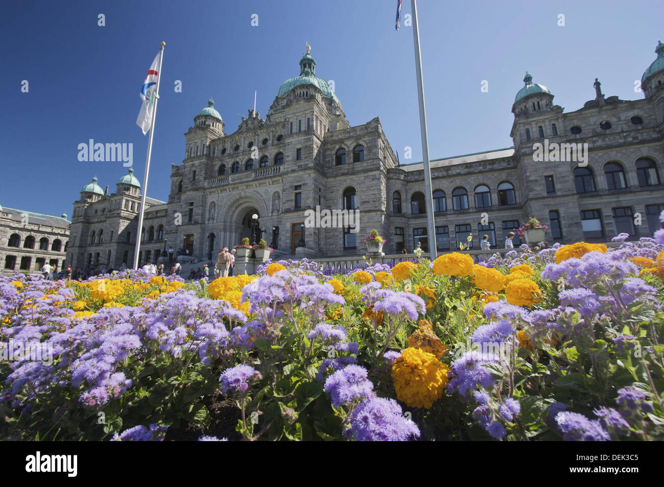 A ground level view of the British Columbia parliament buildings, with ...