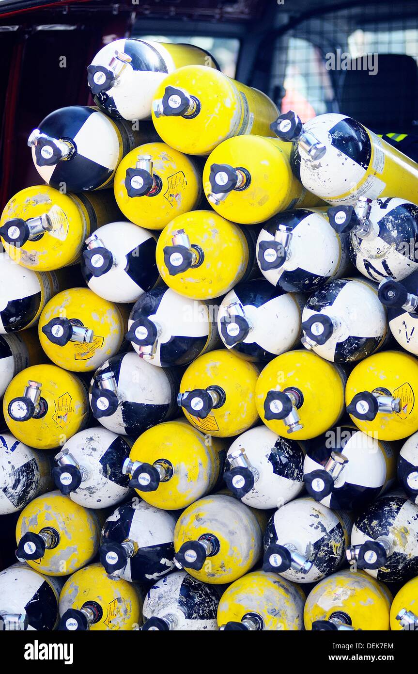 Oxygen cylinders for firefighters Stock Photo - Alamy