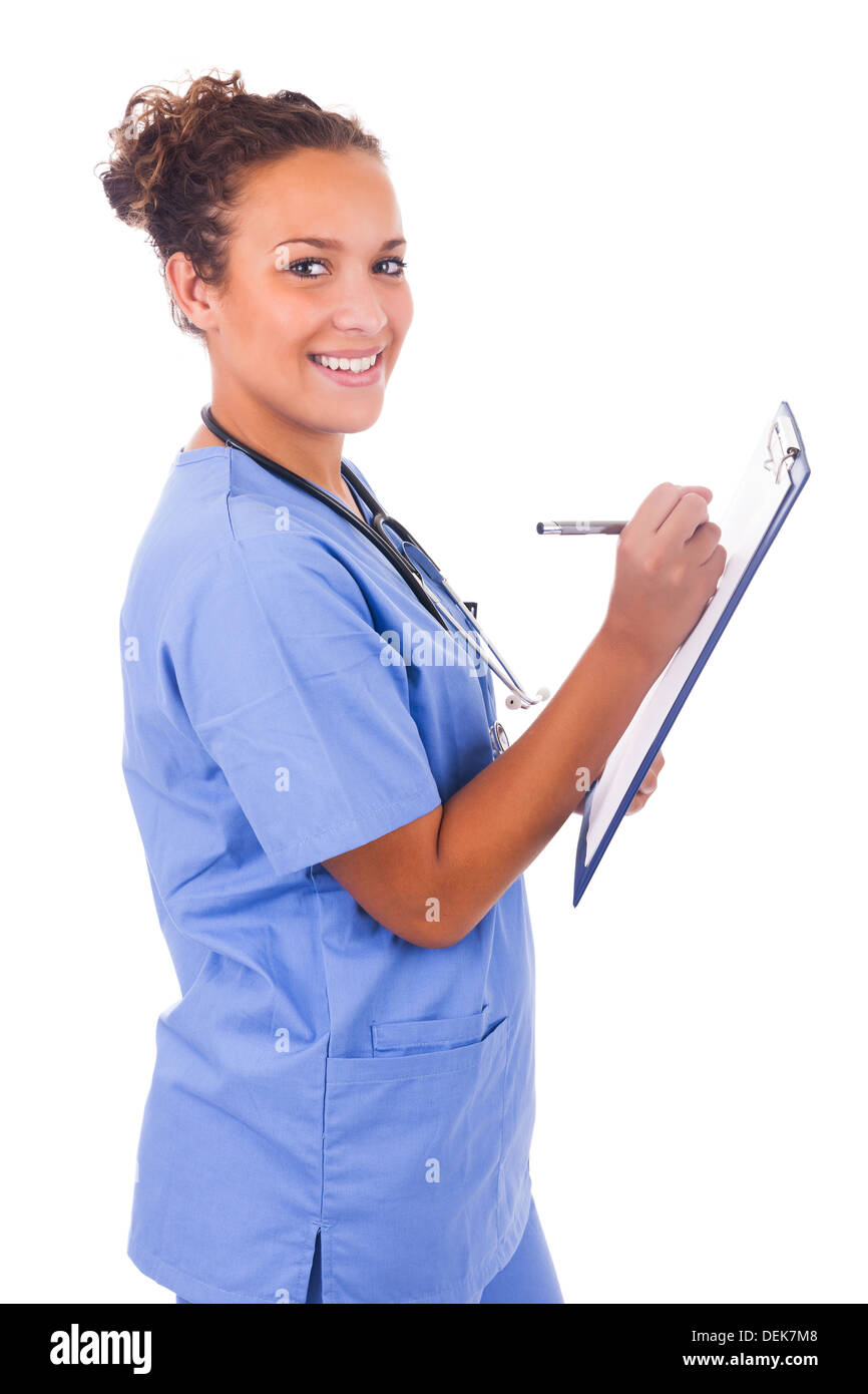 Young nurse with stethoscope isolated on white background Stock Photo ...