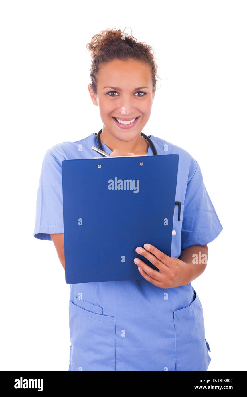 Young nurse with stethoscope isolated on white background Stock Photo ...