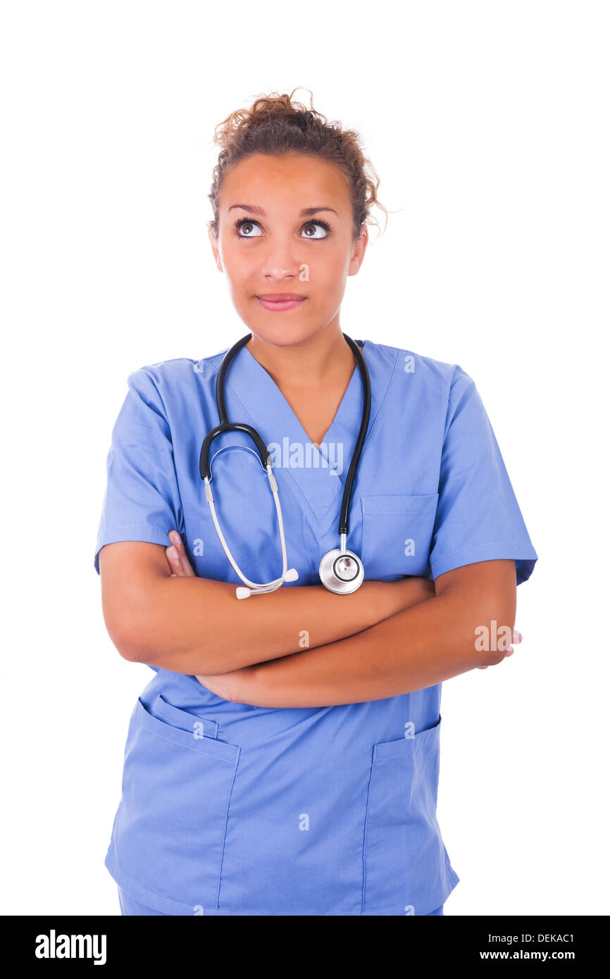 Young nurse with stethoscope isolated on white background Stock Photo ...