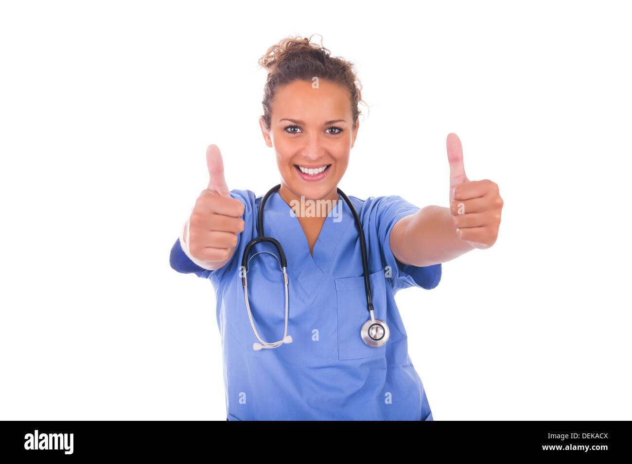 Young nurse with stethoscope isolated on white background Stock Photo ...