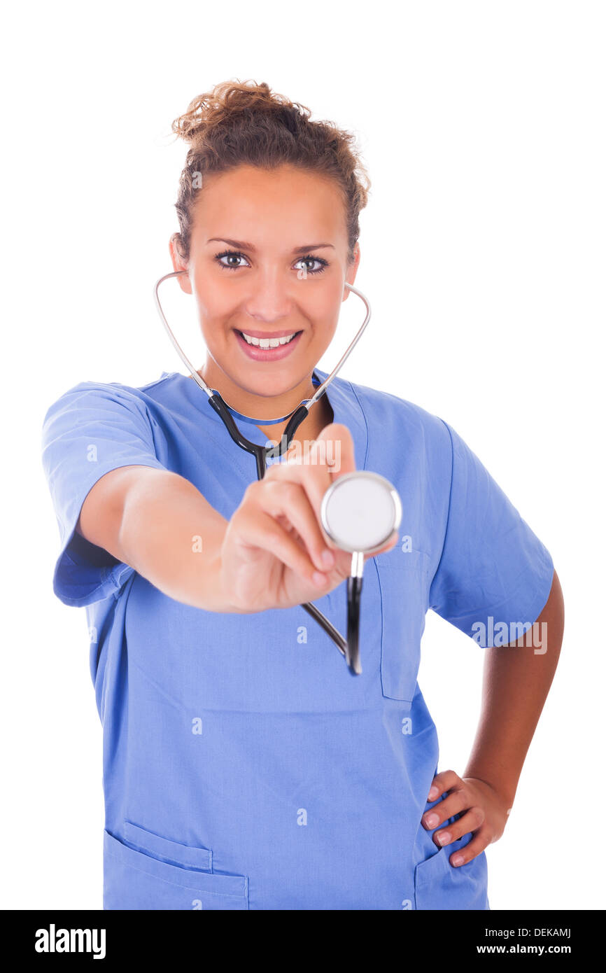 Young nurse with stethoscope isolated on white background Stock Photo ...