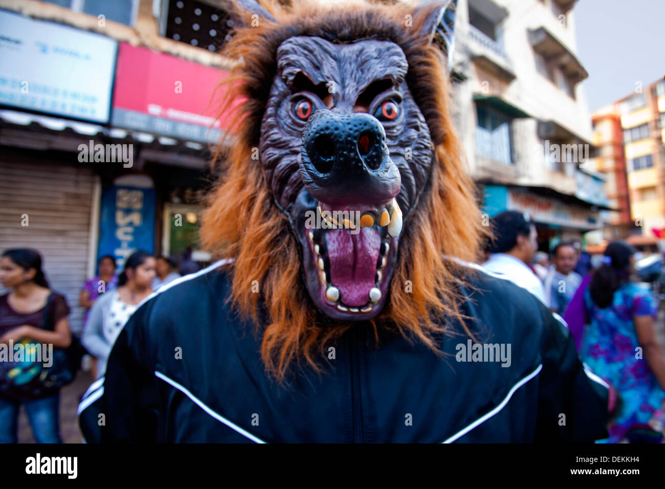 Portrait of a man wearing wolf mask during a procession in a carnival ...