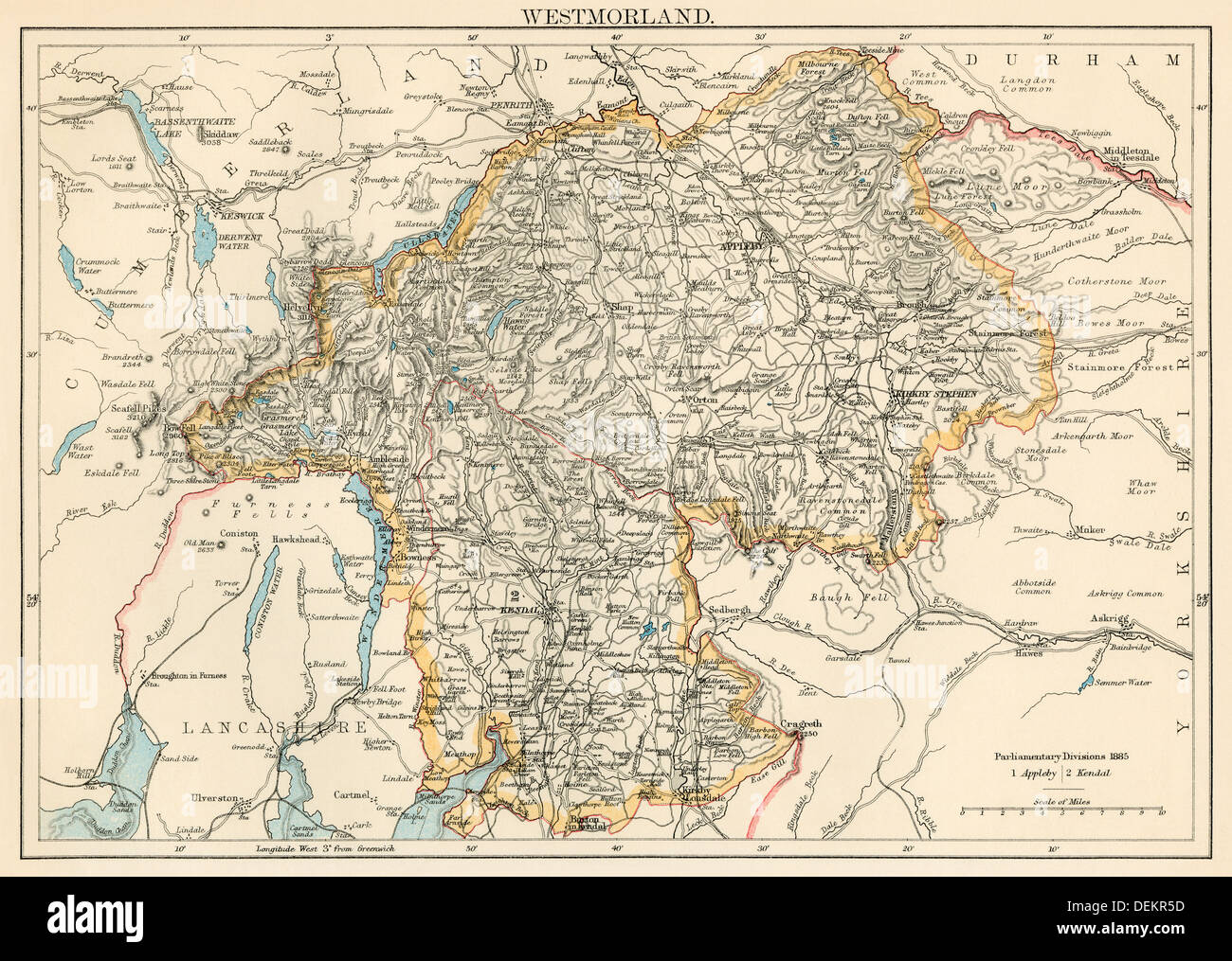 Map of Westmorland, England, 1870s. Color lithograph Stock Photo - Alamy