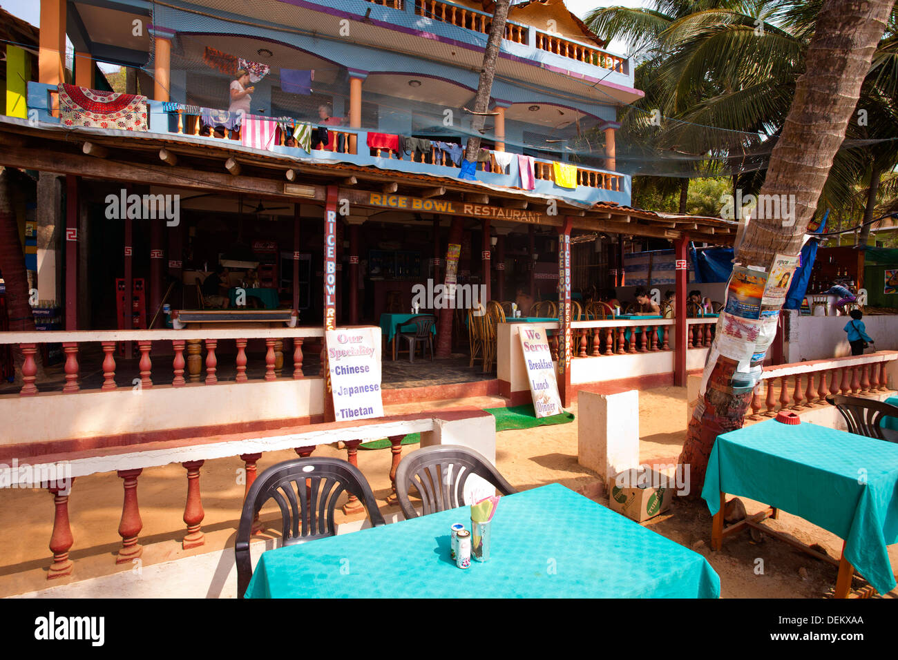 Tables and chairs at a restaurant, Rice Bowl Restaurant, Arambol, North ...