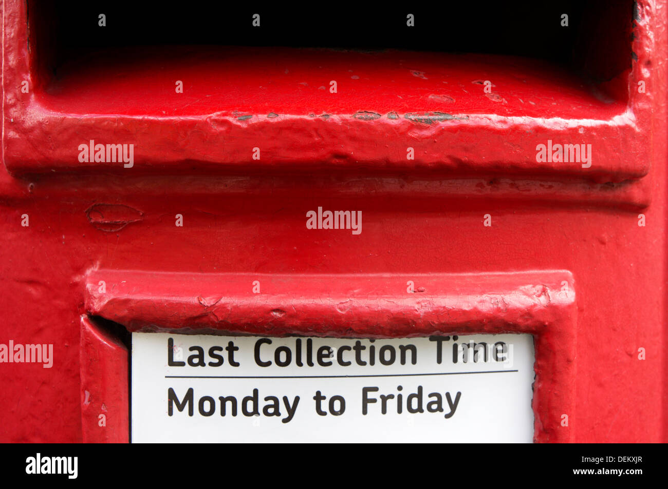 Last Collection Time displayed on a red British pillar box Stock Photo ...