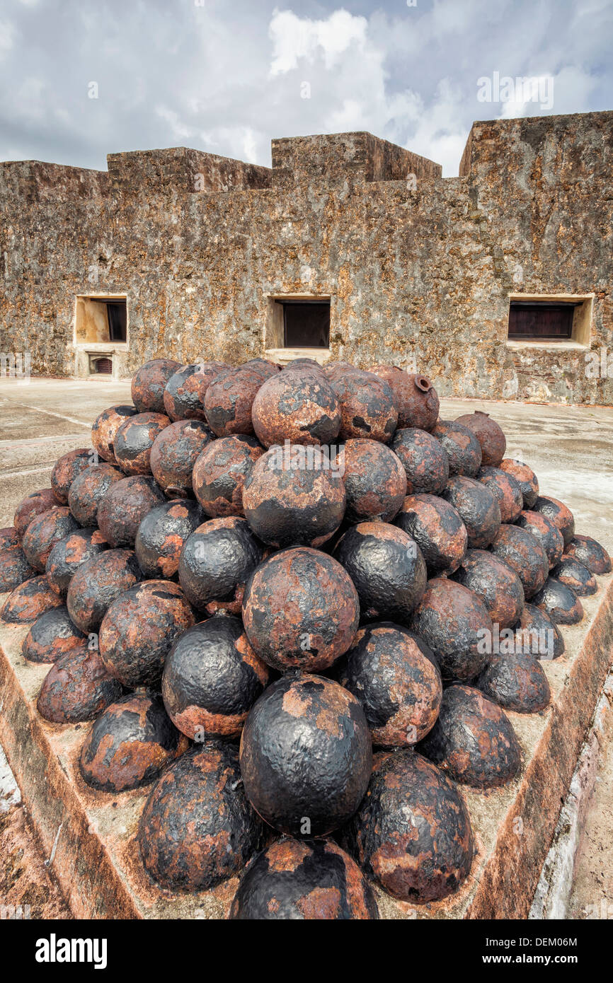Stack of cannon balls on castle roof, Castillo San Cristobal, San Juan ...