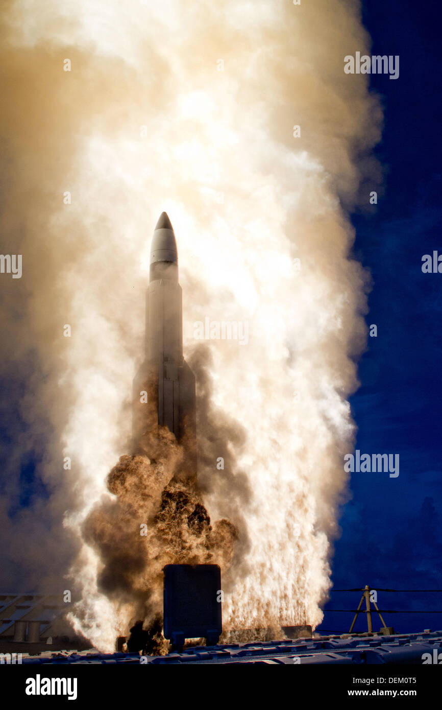 A SM-3 Block 1B interceptor is launched from the USS Lake Erie during ...