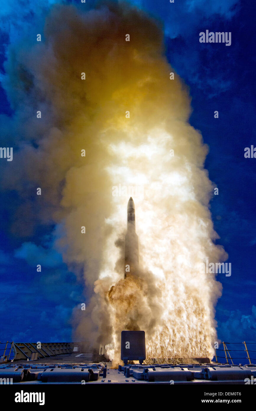 A SM-3 Block 1B interceptor is launched from the USS Lake Erie during ...