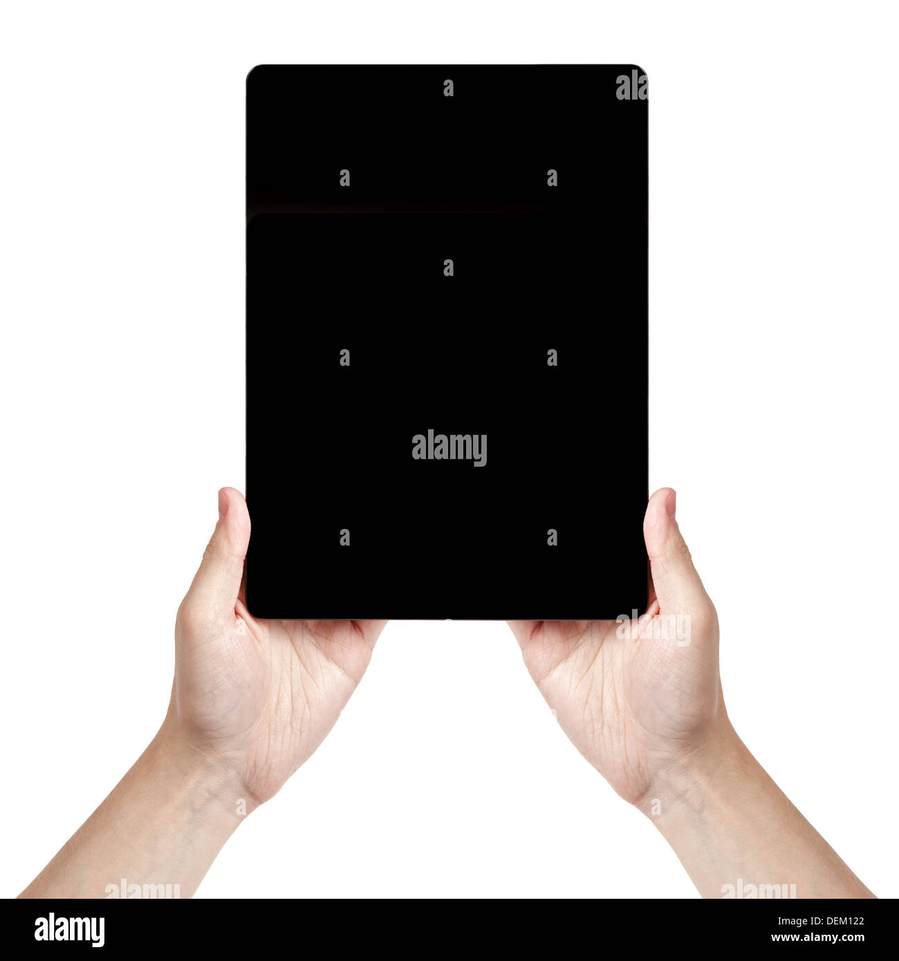adult man hand holding generic tablet pc with black screen, isolated ...