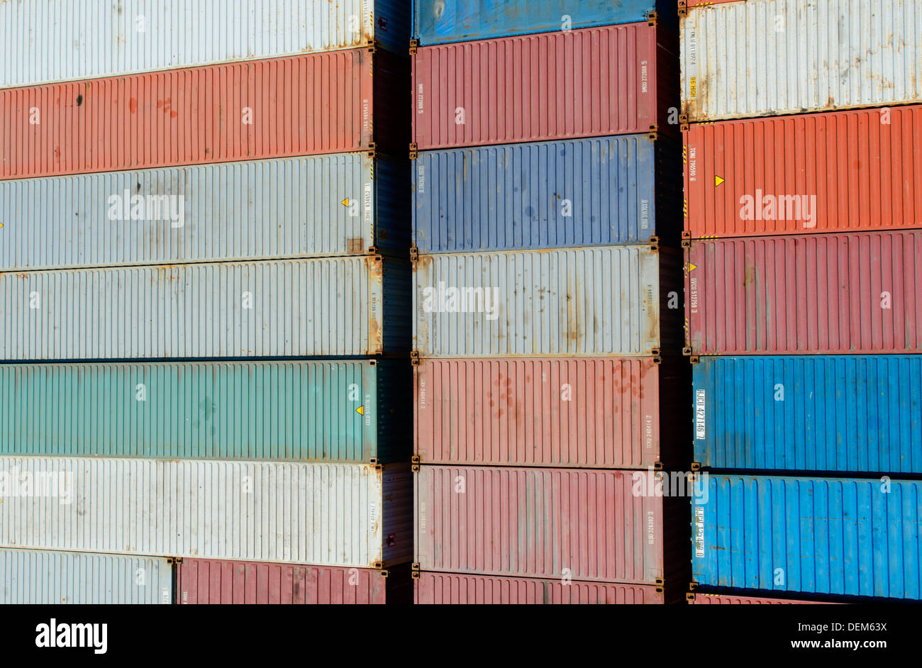 Stack of cargo containers on board of a container ship Stock Photo - Alamy