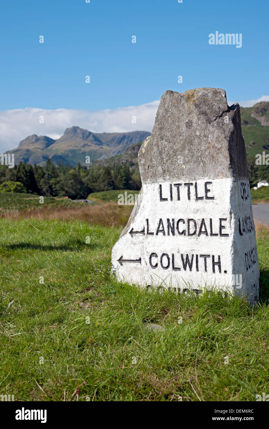 Close up of stone road sign milestone Colwith and Little Langdale Pikes ...