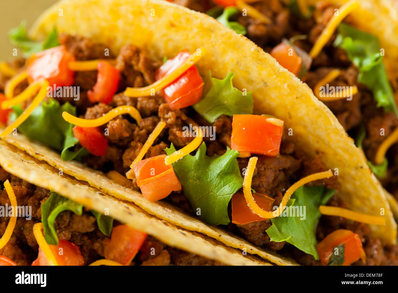 Homemade Ground Beef Tacos with Lettuce, Tomato, and Cheese Stock Photo ...
