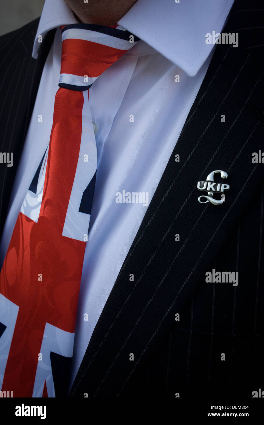A Union jack tie and political pin detail of UKIP (UK Independence ...