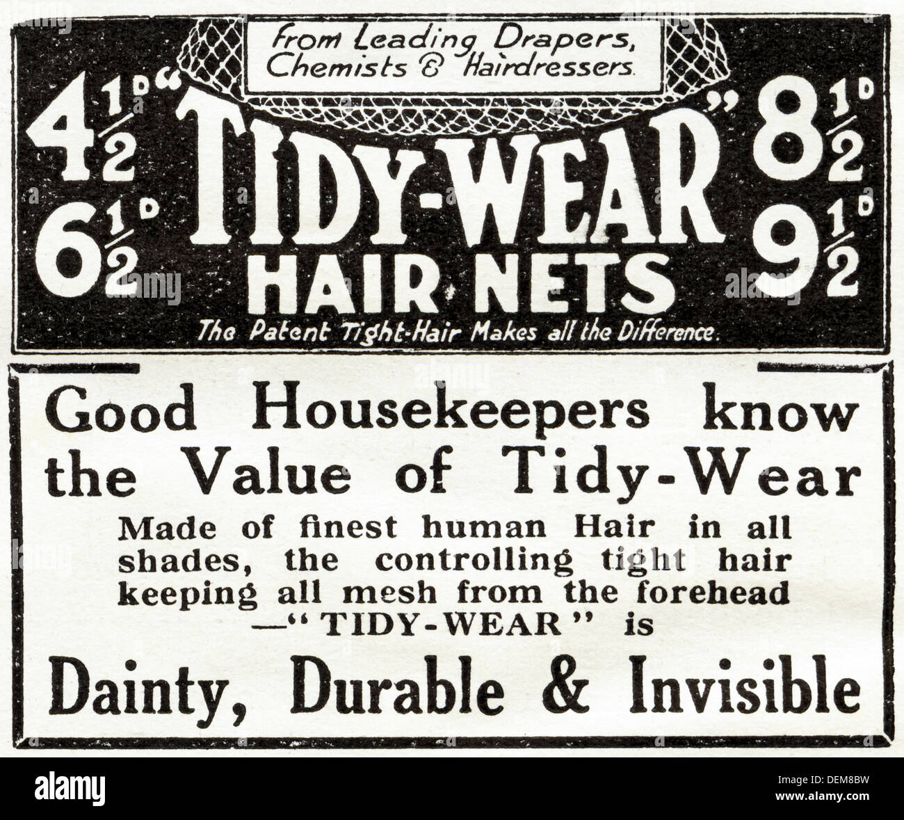 Original 1920s advertisement advertising TIDY-WEAR HAIR NETS, consumer ...