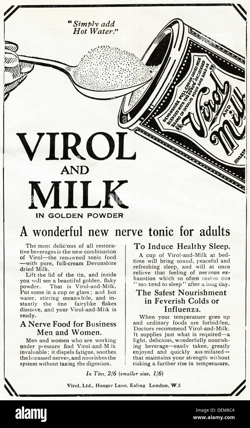 Original 1920s advertisement advertising VIROL and MILK nerve tonic for ...