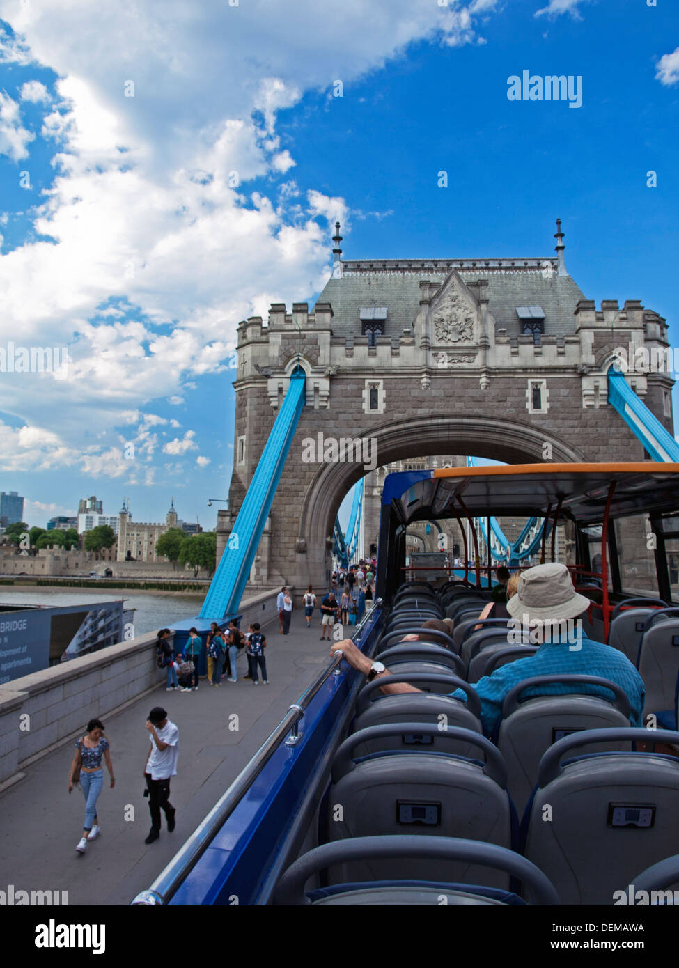 View of Tower Bridge from Open Top Tour Bus, London, England, United ...