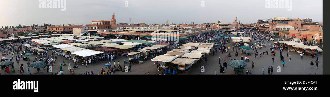 Panoramic view of the food courts at Djemma el Fna square, Marrakech ...
