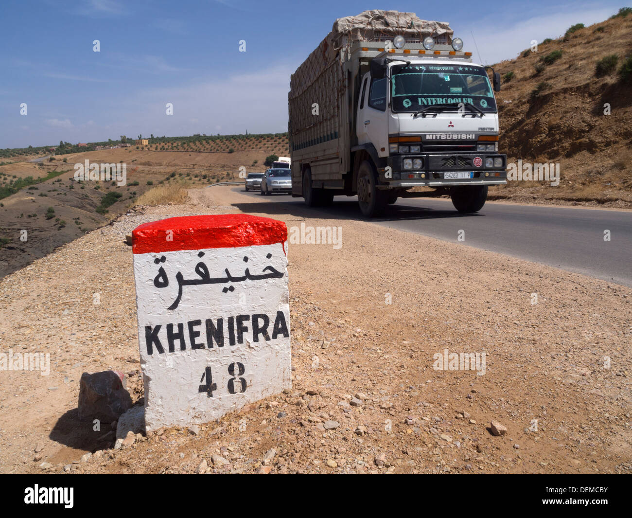 Khenifra milestone sign on Moroccan roadside Stock Photo - Alamy