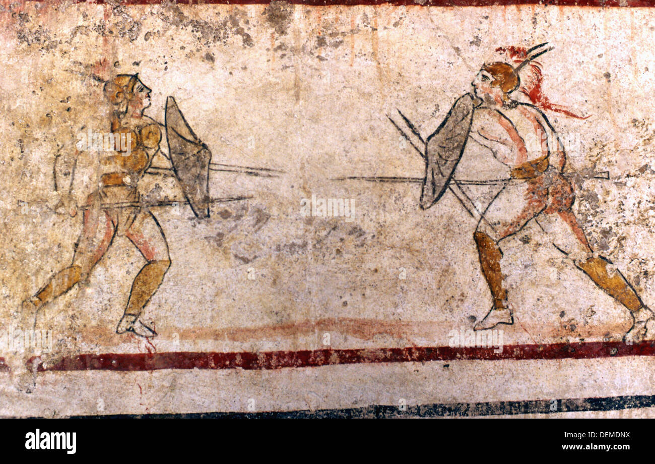 Detail of painted tomb in archaeological museum, Paestum. Campania ...