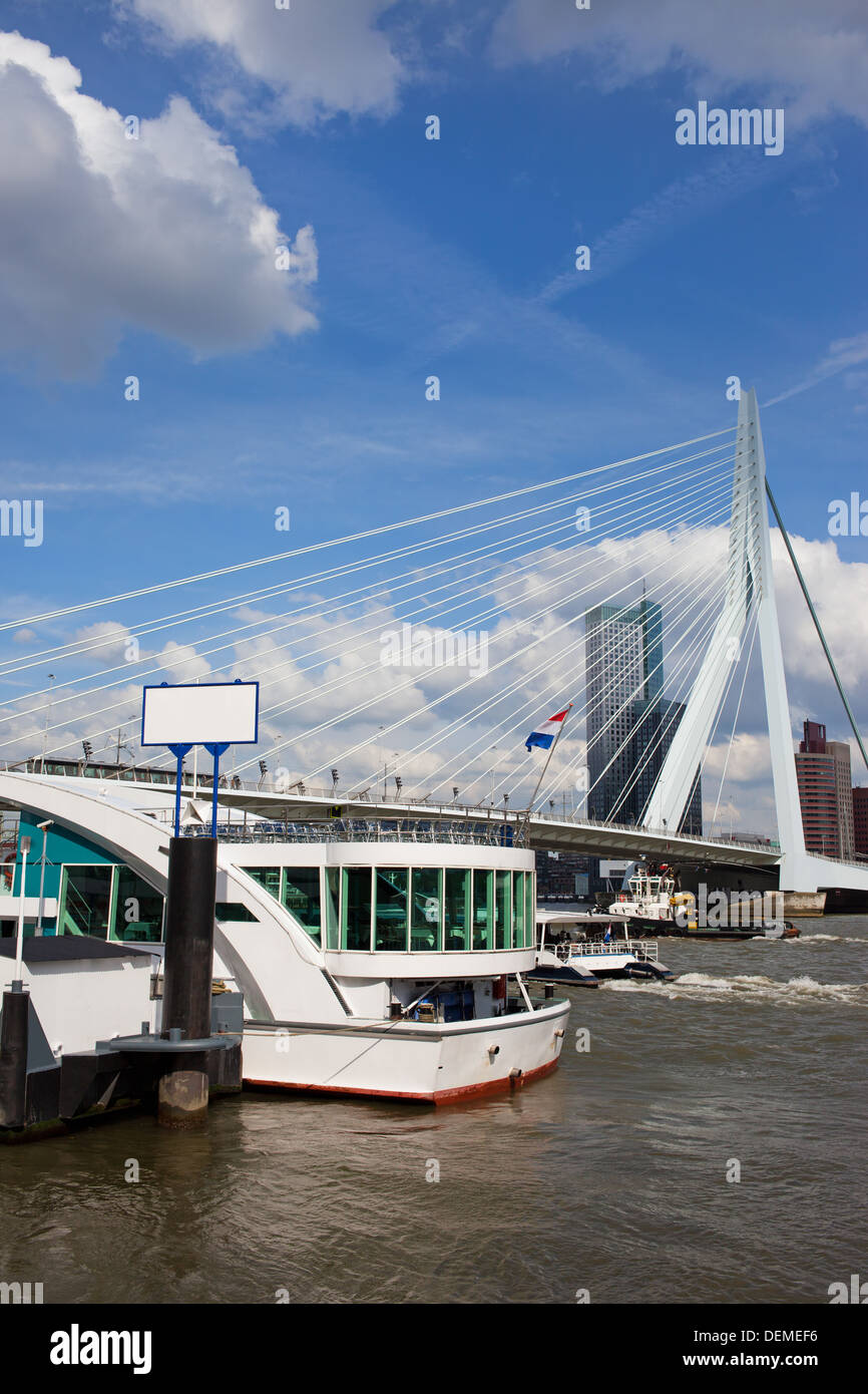 City downtown of Rotterdam, Nieuwe Maas river and Erasmus Bridge in ...