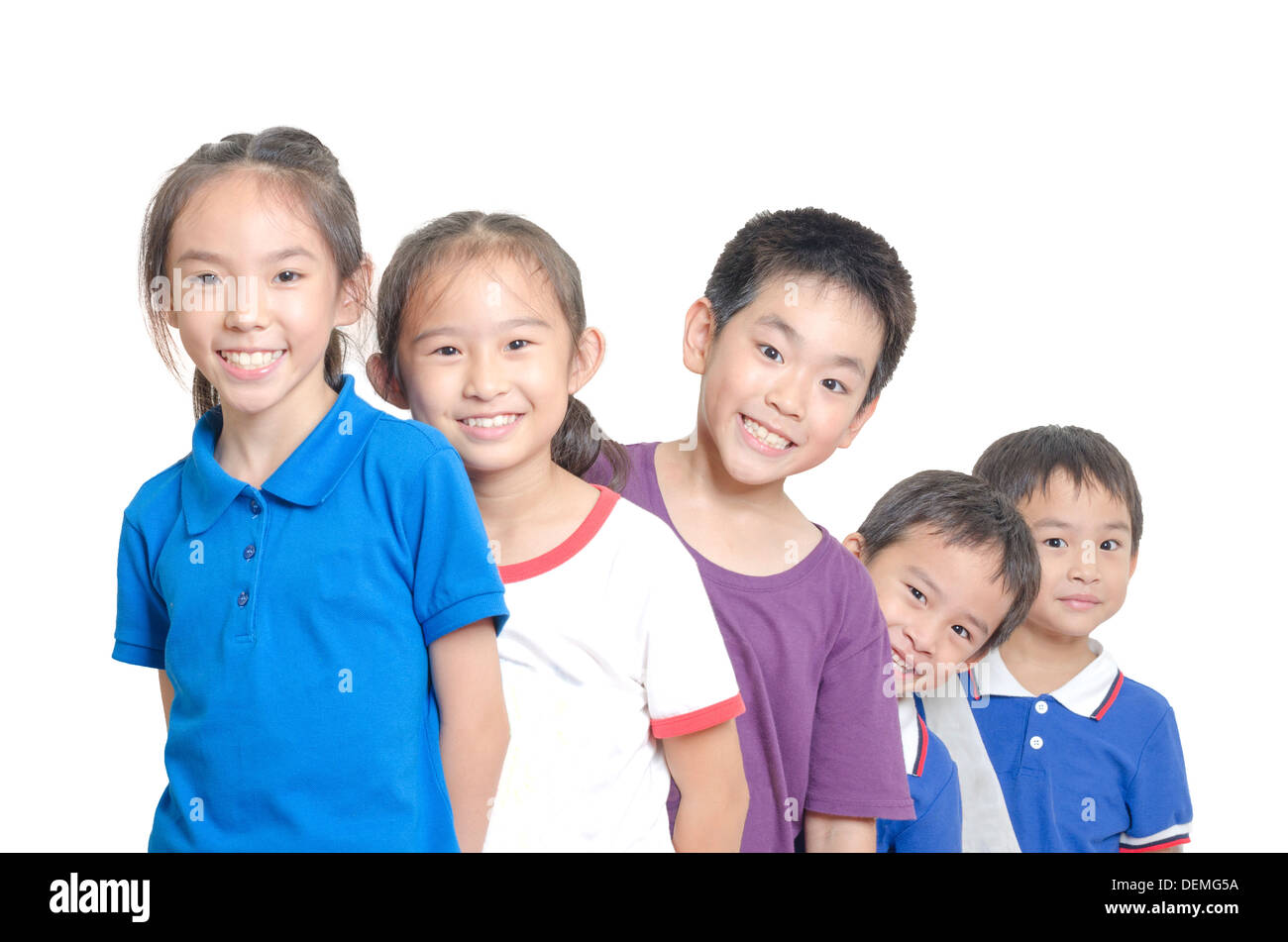 Five children smiling on white background Stock Photo - Alamy