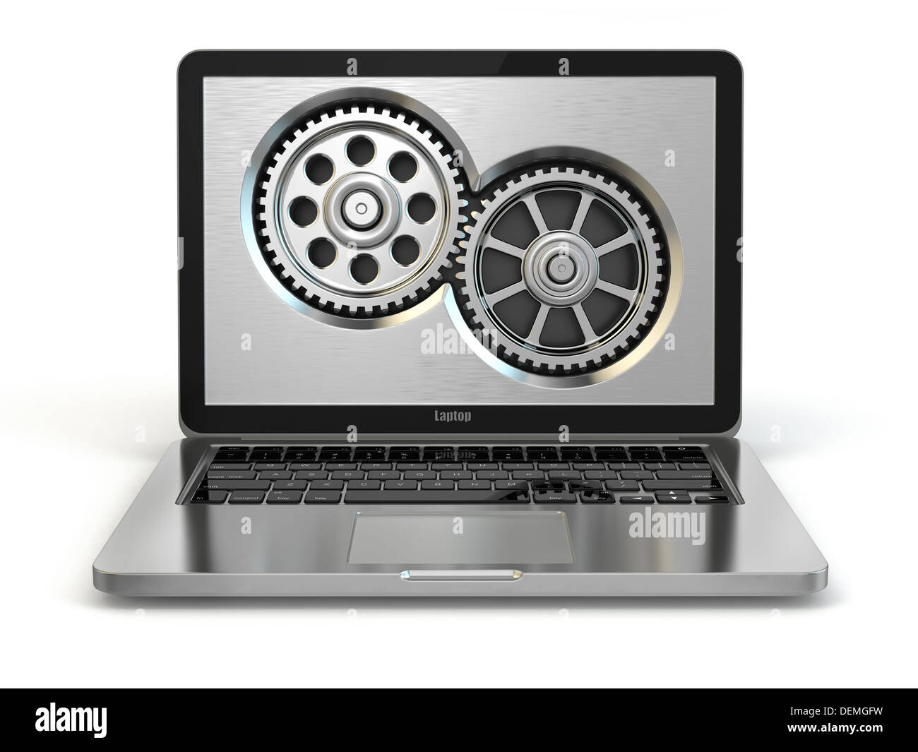 System properties concept. Laptop and gears. 3d Stock Photo - Alamy