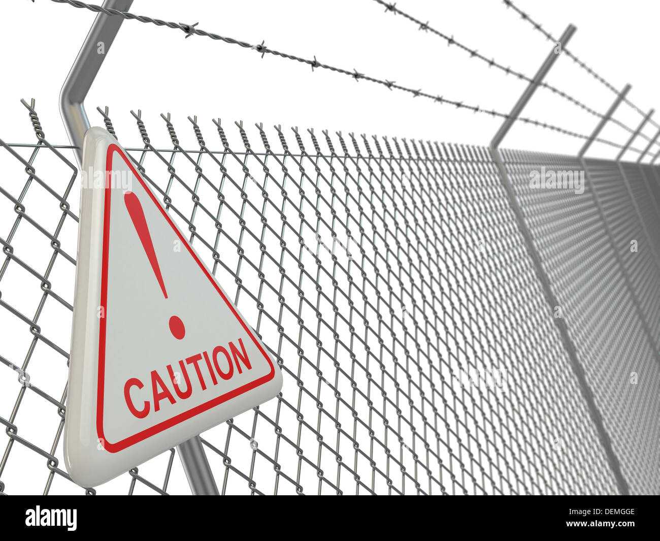 Caution. barbed wire fence with sign. 3d Stock Photo - Alamy