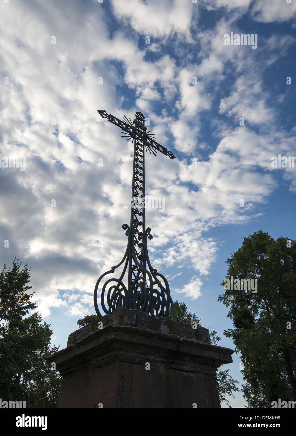 Large wayside cross in the village of St-Privat-d’Allier, on the GR65 ...