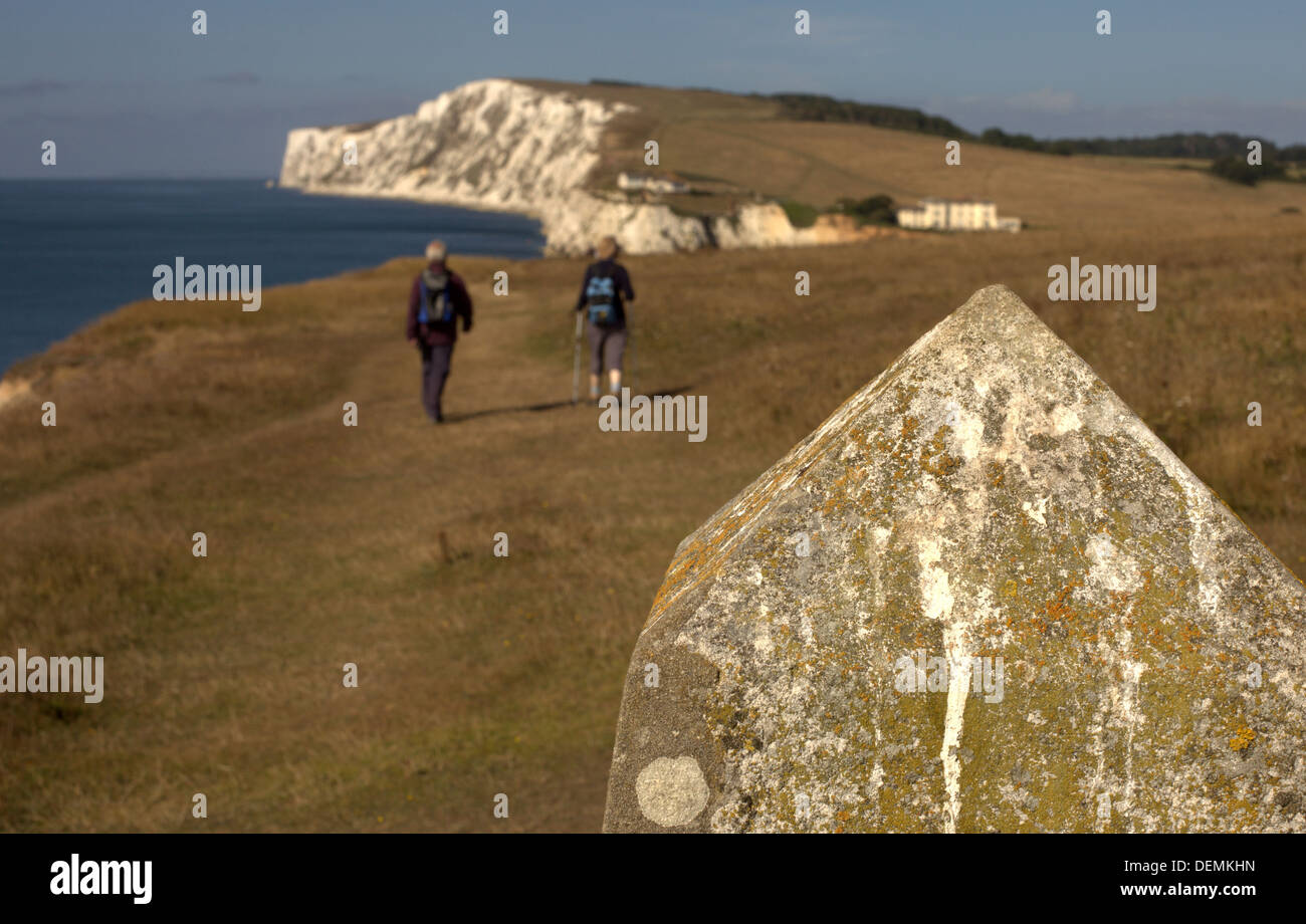 Walkers on the coastal path at Freshwater Bay, Isle of Wight Stock ...