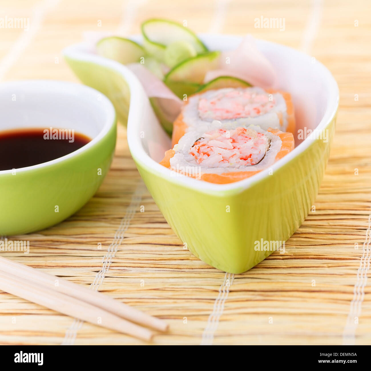 Closeup on tasty sushi with soy sauce, traditional japanese cuisine ...