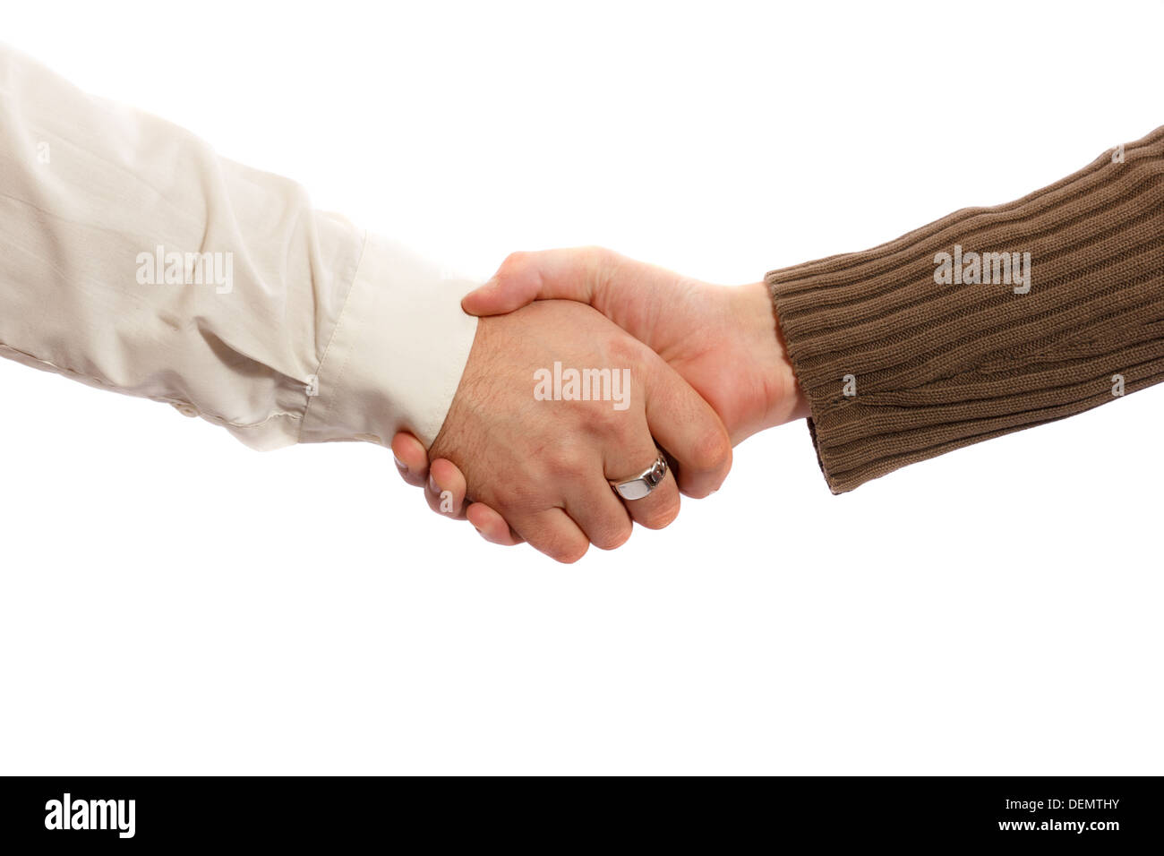 old businessman and a young boy handshake on a white background Stock ...