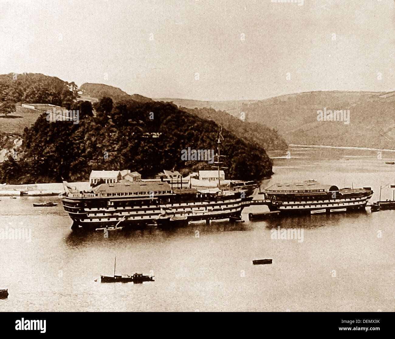HMS Britannia and Hindostan training ship at Dartmouth during WW1 Stock ...