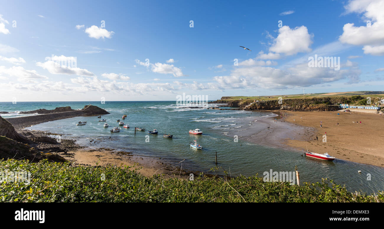 CORNWALL - CIRCA 2013: A sunny cloudy day at Bude bay with boat Stock ...