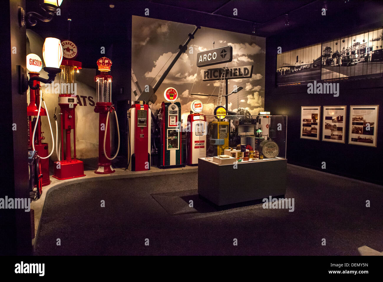 A display of vintage Gas pumps at the Petersen Museum in Los Angeles ...