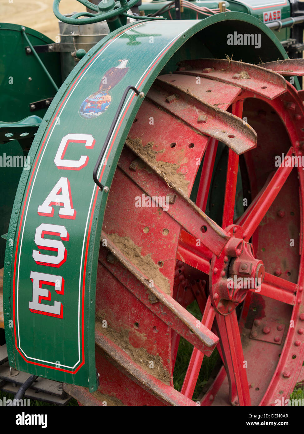 View of step and rear wheel with lugs, antique J.I. Case steam tractor ...