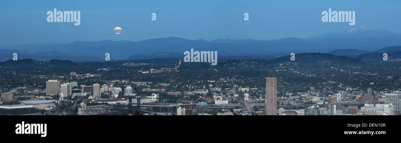 Harvest Full Moon Rise Over Portland Oregon Cityscape and Mount Hood ...