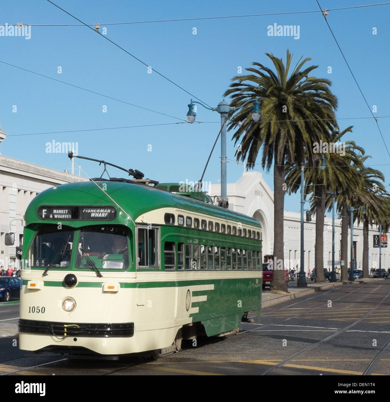 Green Trolleybus by Fisherman's Wharf, San Fransisco Stock Photo - Alamy