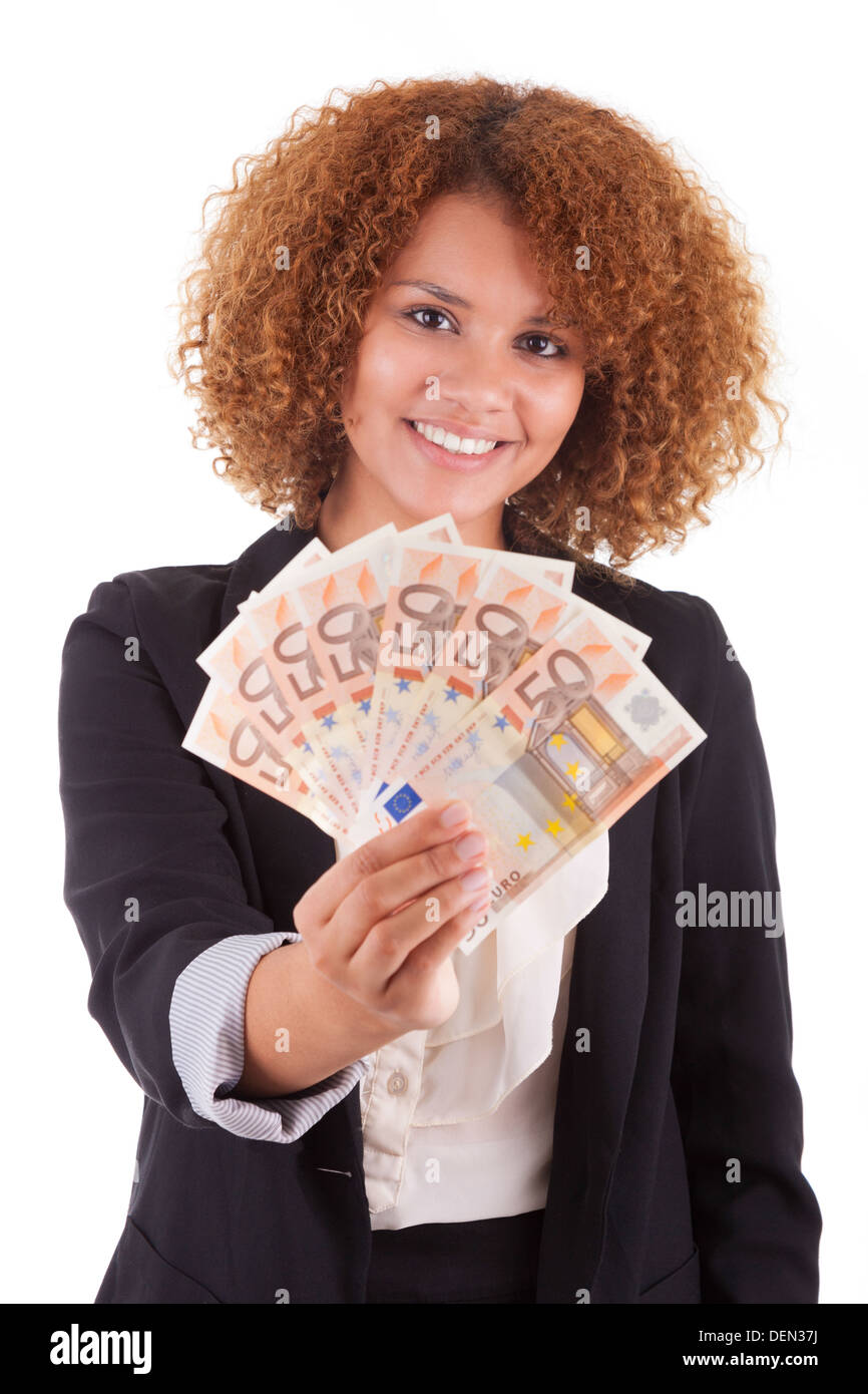Young african american business woman holding euro bills, isolated on ... Young african american business woman holding euro bills, isolated on ...