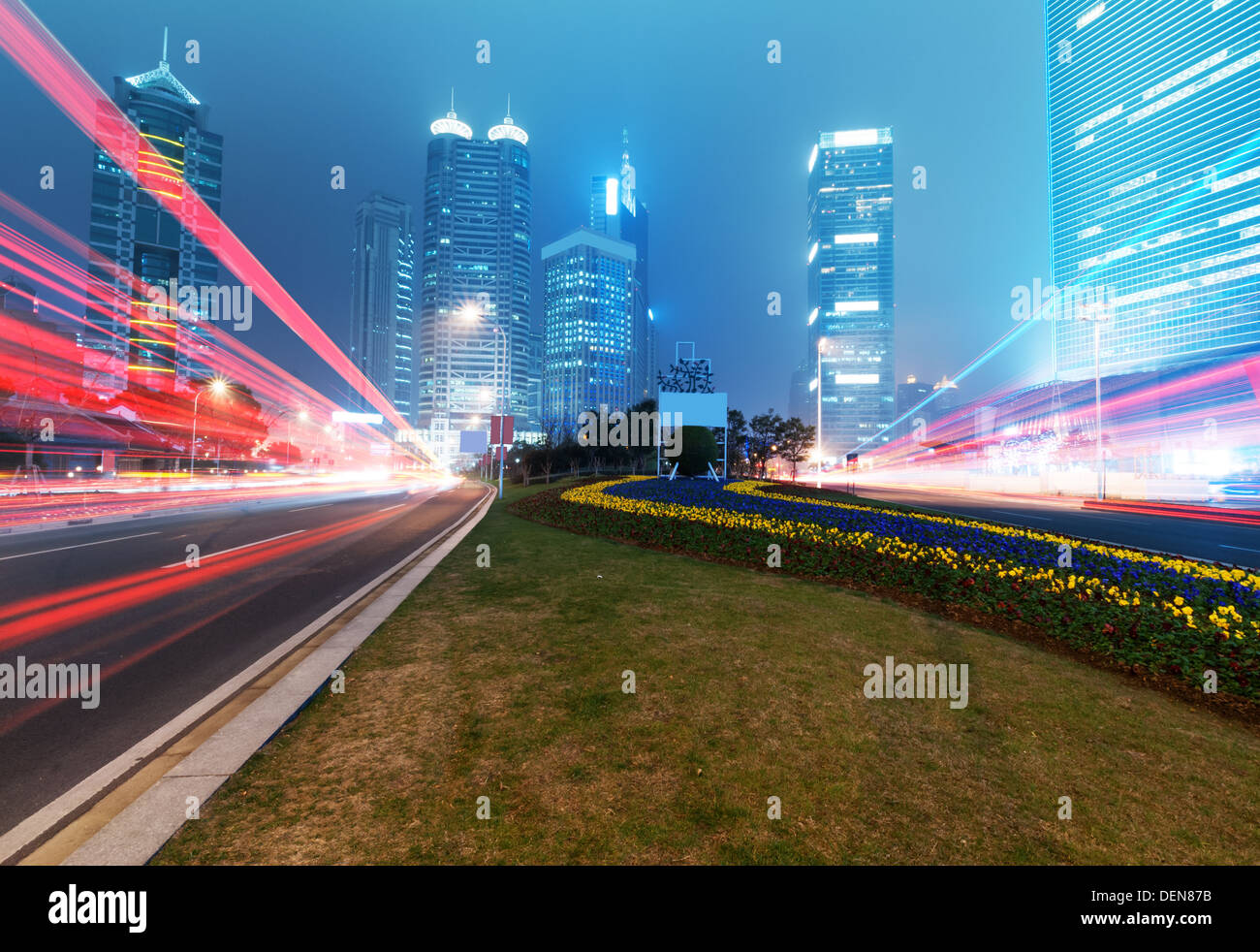 the light trails on the modern building background in shanghai china ...