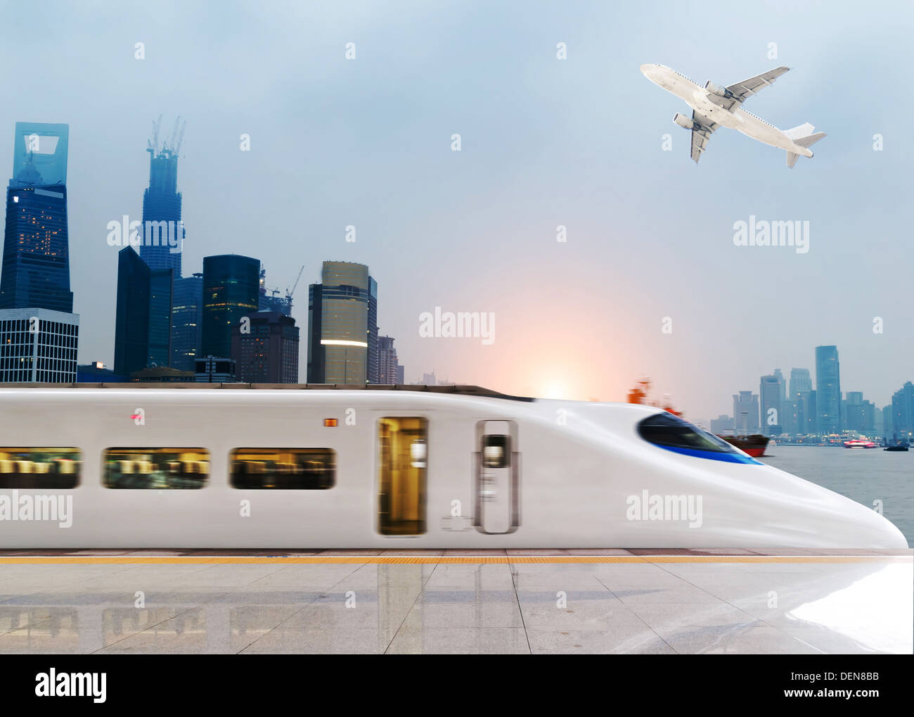 Stock Photo: very high-speed train go through the shanghai financial ...