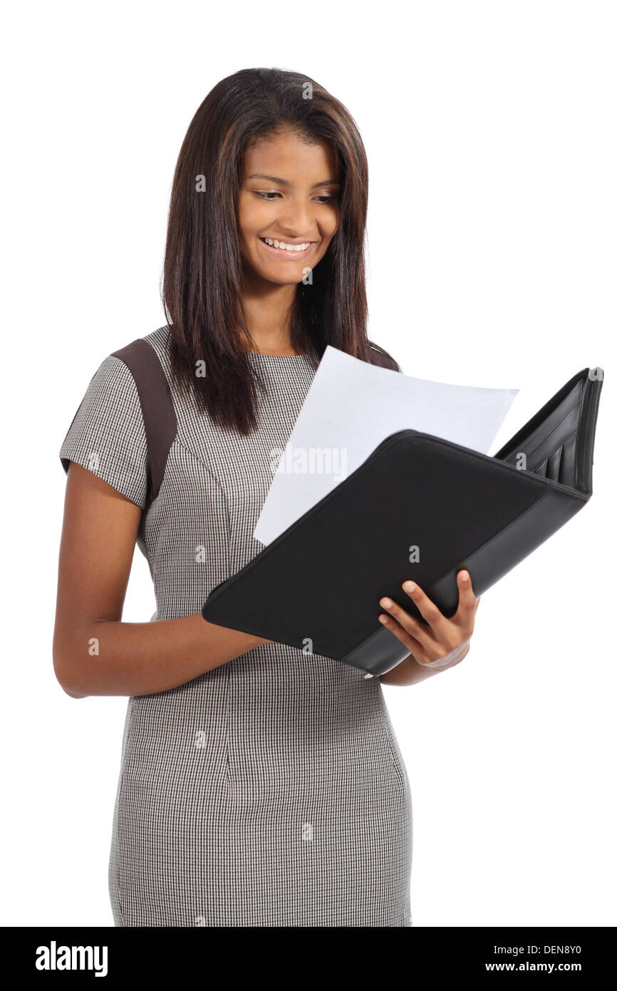 Beautiful african american businesswoman reading a report isolated on a ...