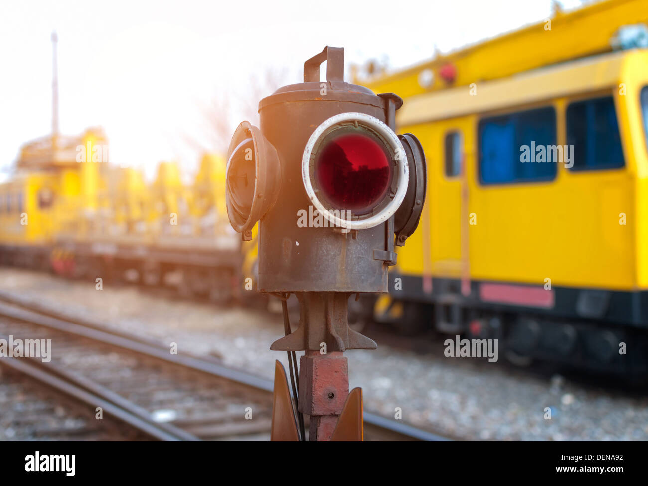 Traffic light shows red signal on railway. Red light Stock Photo - Alamy