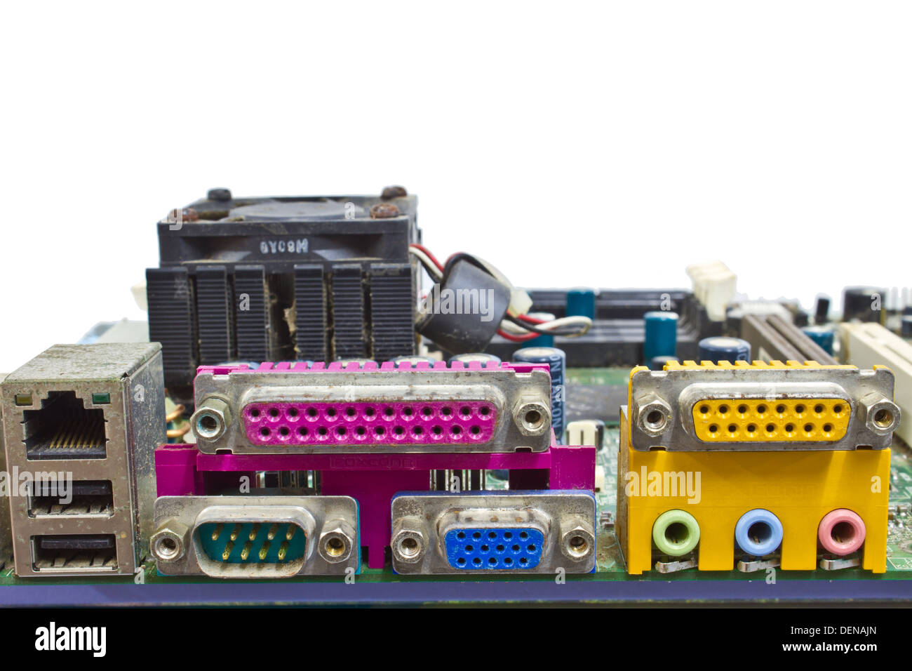 Close up rear panel of computer with audio, usb, ethernet and other ...