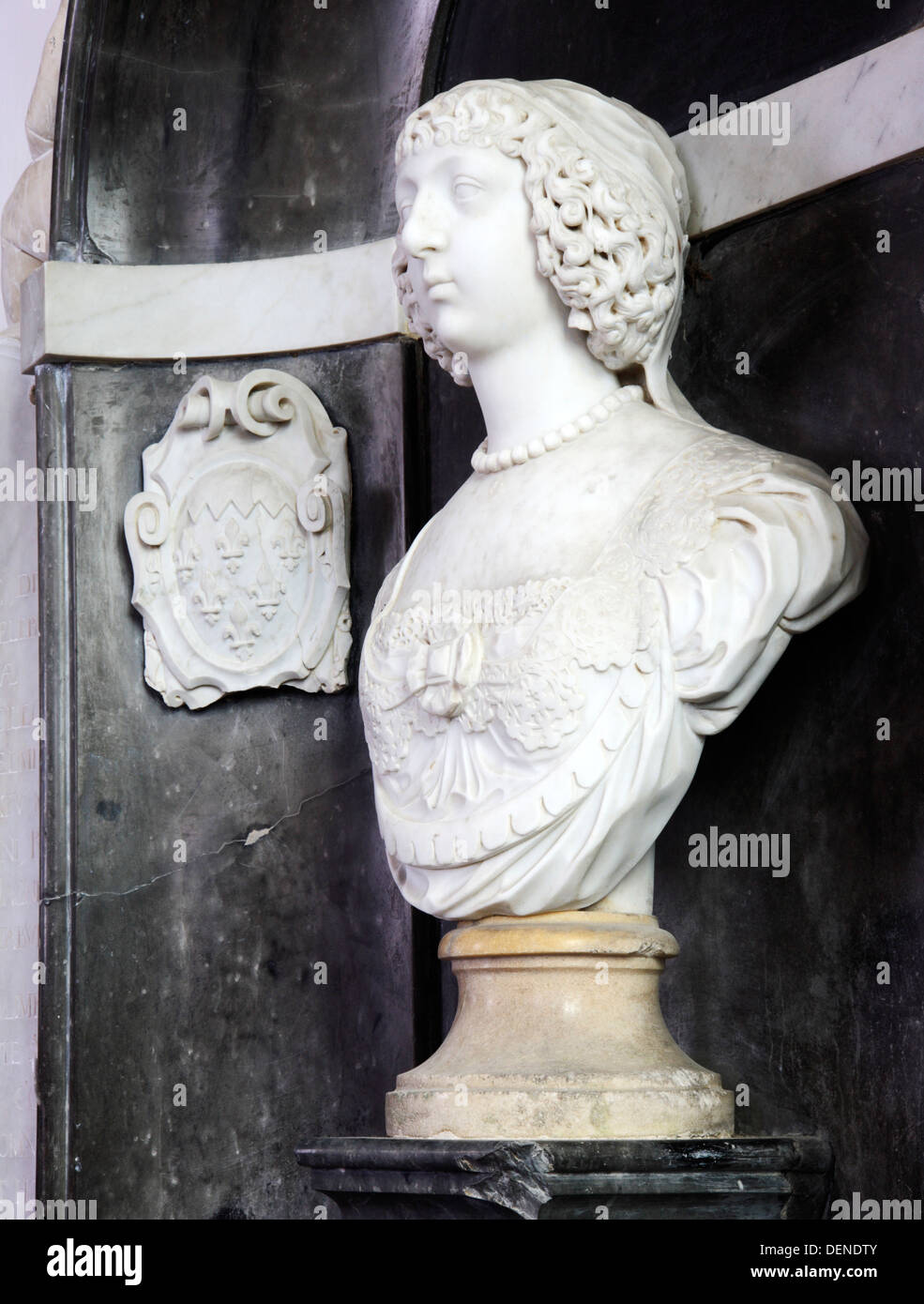 A bust of Lady Katherine Paston with the Paston arms in Oxnead church ...
