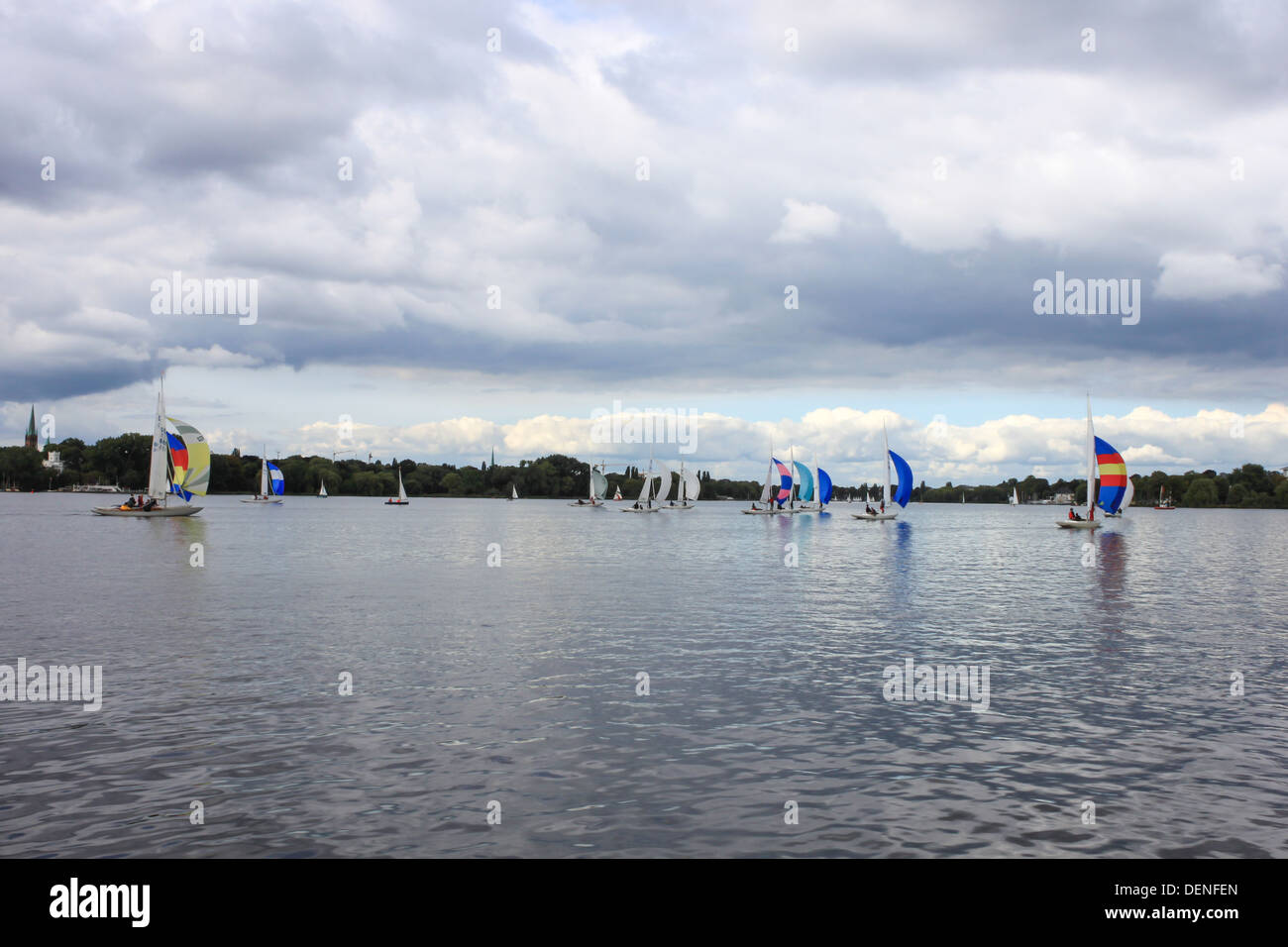 A photograph of an inner city sailing race in Hamburg, Germany. It was ...