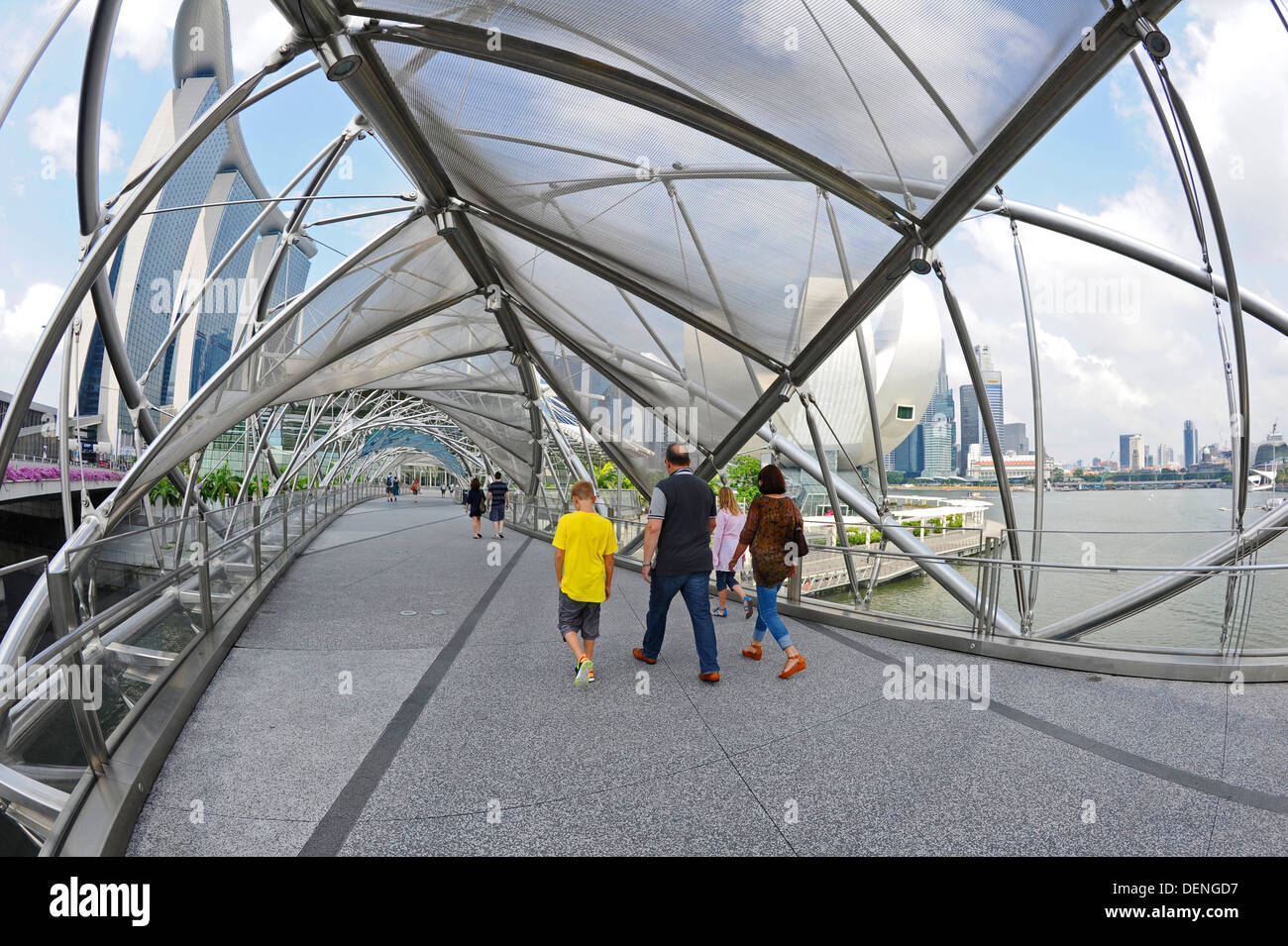The Helix Bridge, pedestrian bridge at the Marina bay area of Singapore ...